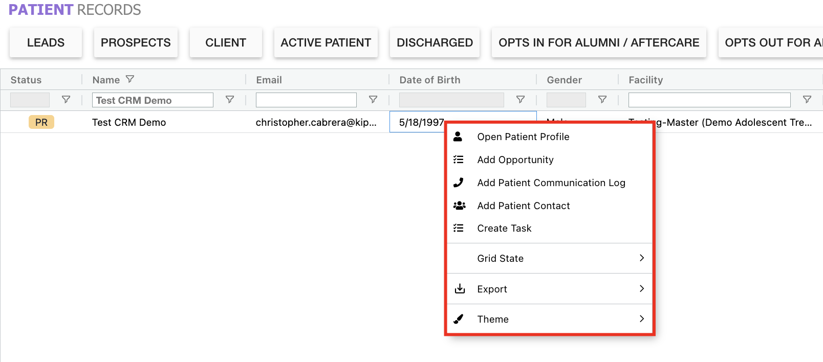 Prospect/Patient Records Grid: Quick Action Capabilities – Kipu CRM
