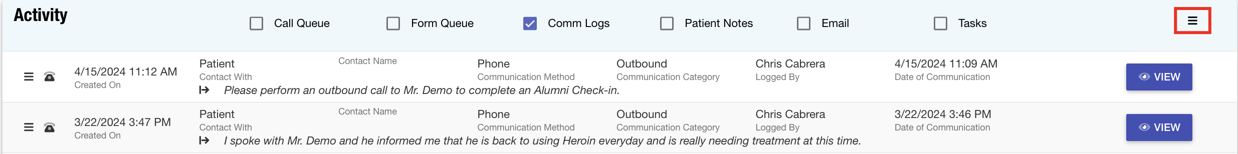 Patient Communication Logs – Kipu CRM