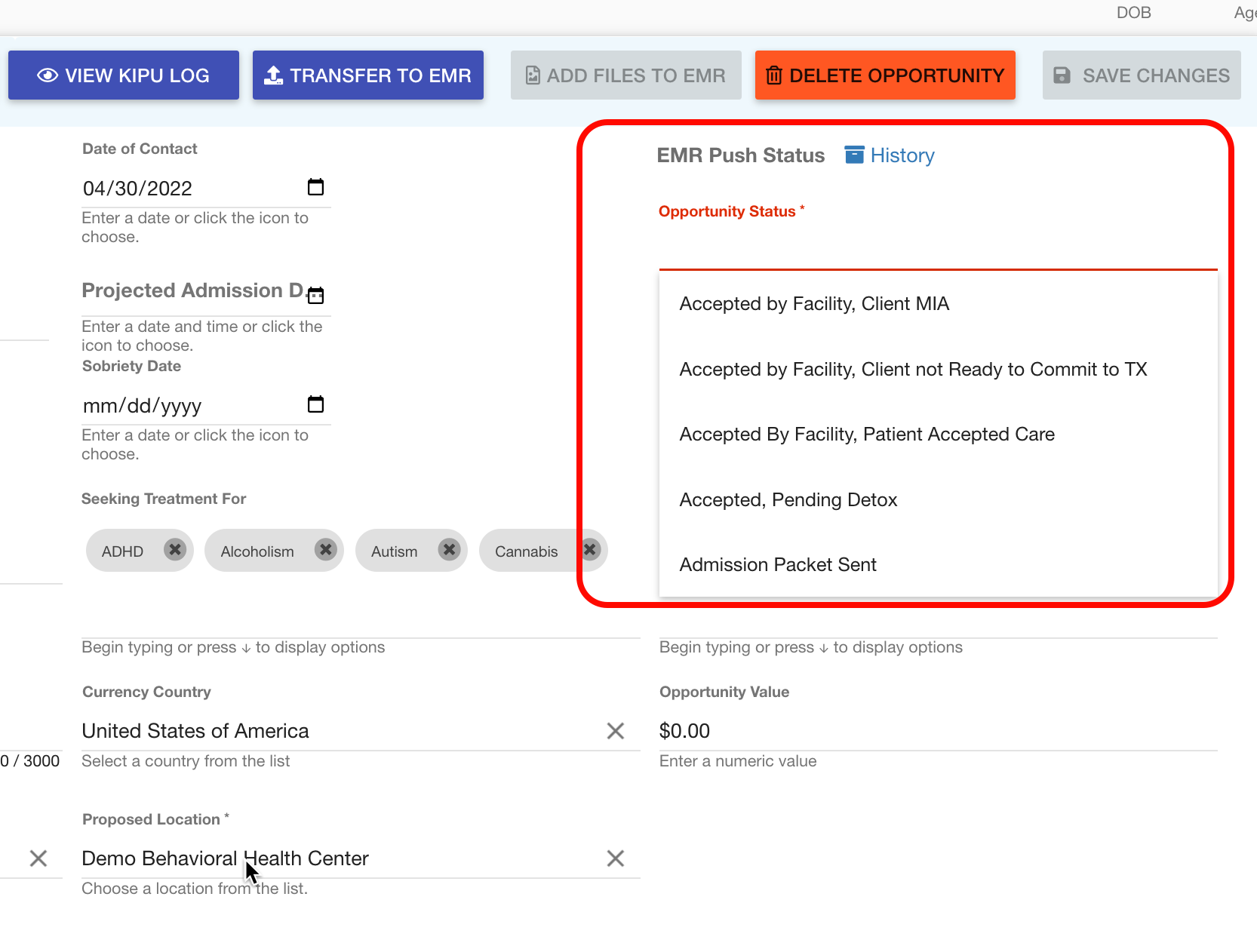 How to Push Opportunities to the EMR – Kipu CRM