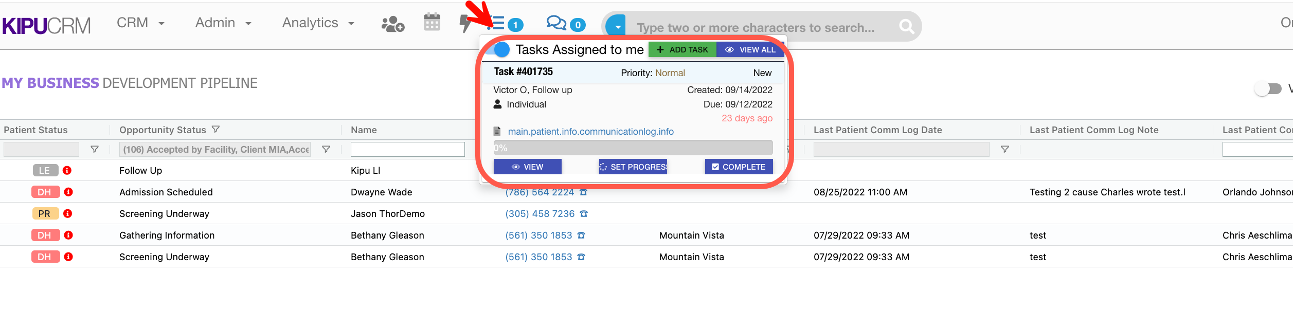 Quick Action Icons – Kipu CRM